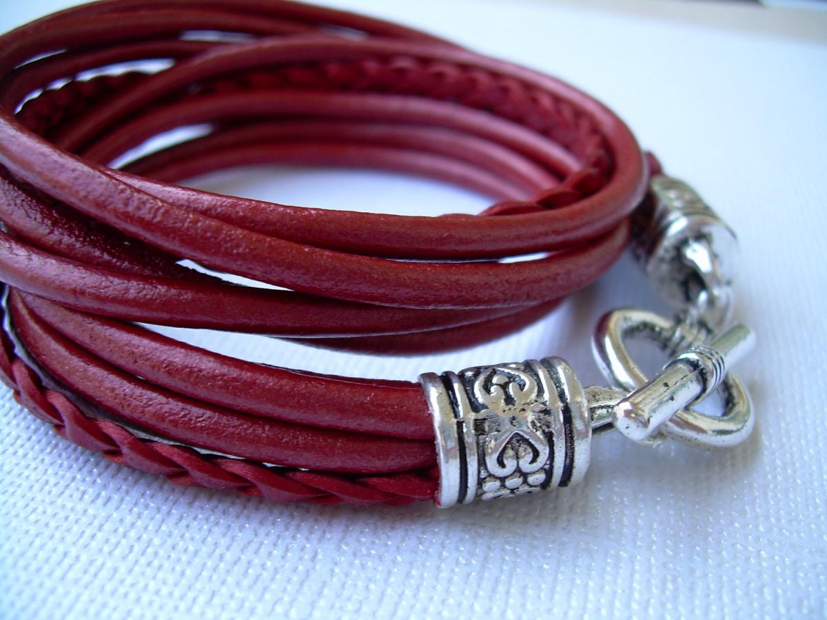 Womens Leather Bracelet, Five Strand, Double Wrap, Metallic Red, Womens ...